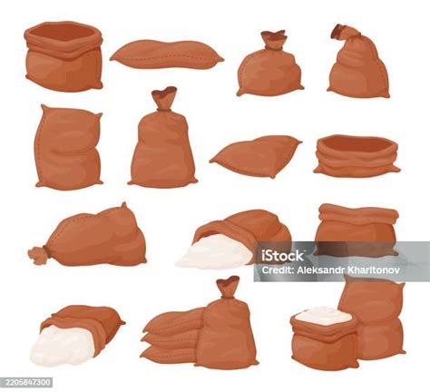 밀가루 가방이 비어 있고 곡물 수확 세트 아이소 메트릭 벡터 일러스트 레이 션으로 가득 차 있습니다 가득 찬에 대한 스톡 벡터 아트 및 기타 이미지 Istock