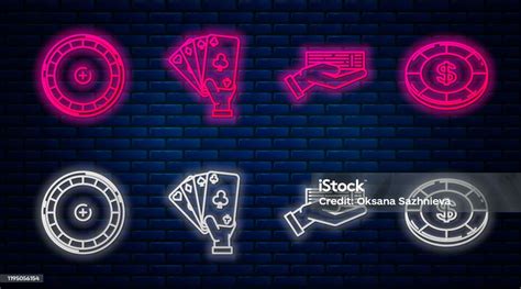 카드 놀이를 들고 손 카드 놀이의 갑판을 들고 손 달러 기호 카지노 룰렛 휠과 카지노 칩을 설정합니다 벽돌 벽에 빛나는 네온 아이콘입니다 벡터 도박에 대한 스톡 벡터 아트