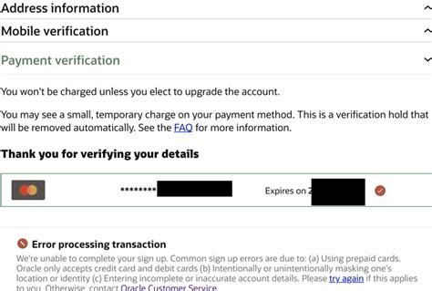 Oracle Cloud Sign Up Failed “error Processing Transaction” Bruno