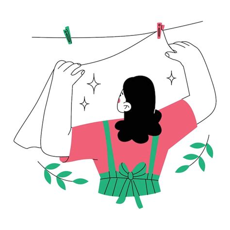 Premium Vector A Woman Hangs Freshly Washed Clothes To Dry Laundry