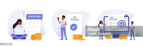 세금 신고 일러스트 세트입니다 회계사 임명 세금 신고 돈 환급 추상 은유 세금 환급을 위해 서류를 준비하는 캐릭터 과세 개념 벡터 그림입니다 개념에 대한 스톡 벡터 아트 및