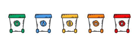 쓰레기를 분류하기위한 쓰레기통 세트 친환경 재활용 다양한 쓰레기 아이콘이 있는 쓰레기통 0명에 대한 스톡 벡터 아트 및 기타 이미지 Istock