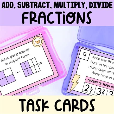 Fraction Task Cards Add Subtract Multiply Divide Compare Fractions