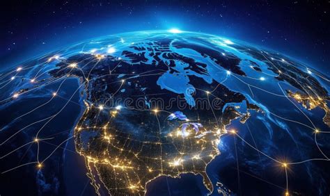 Global Connectivity Network Visualization Over North America At Night With Illuminated Cities