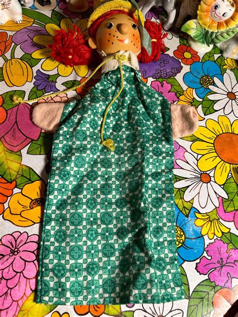 Vintage Wood Headed Puppet With Long Red Braids Yellow Felt Hat Etsy