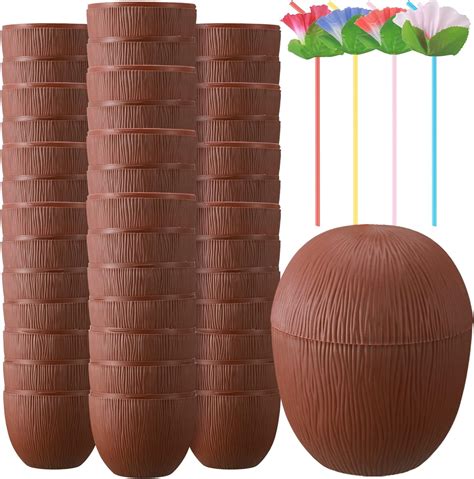 36 Pieces Coconut Cups With 36 Pieces Flower Straws Tropical Coconut Drink Cups