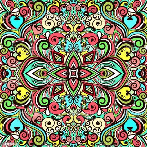 꽃 추상 장식 밝은 다채로운 패턴 여러 가지 빛깔의 배경 민족 추적 손 그리기 검은 윤곽이 고립된 꽃과 곱슬 머리로 화려한 장식