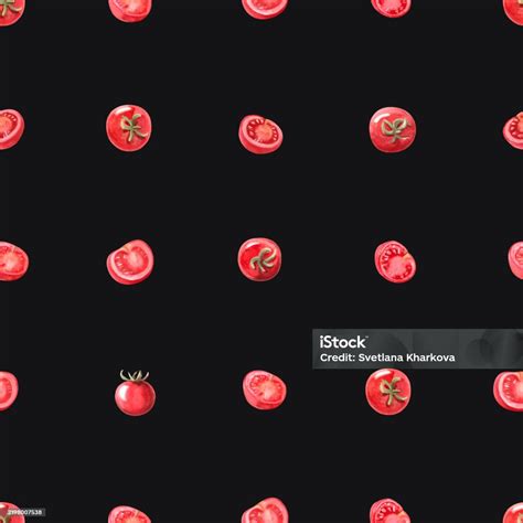 검은 배경에 방울 토마토와 완벽 한 패턴 카페 및 레스토랑 메뉴 실내 장식 및 포장지 디자인을위한 아침 식사를 주제로 한 수채화 그림 건강한 식생활에 대한 스톡 벡터 아트