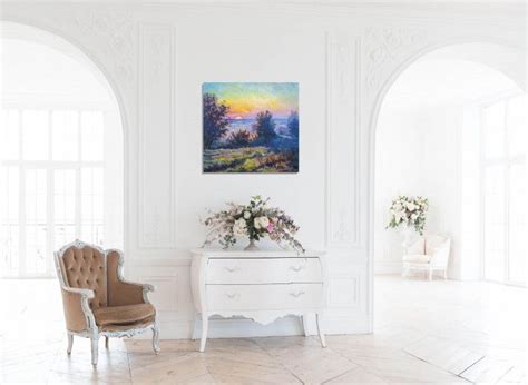 Купити картину «Схід Сонця в жанрі сільський пейзаж олійними фарбами на полотні в стилі