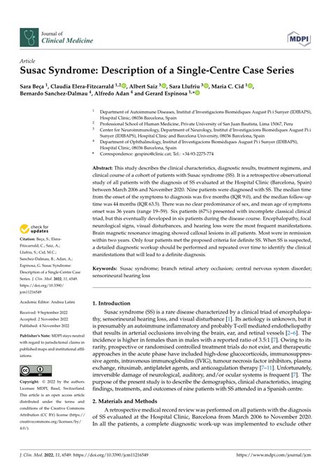 Pdf Susac Syndrome Description Of A Single Centre Case Series