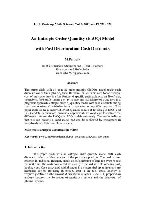 Pdf An Entropic Order Quantity Enoq Model With Post Deterioration Cash Discounts
