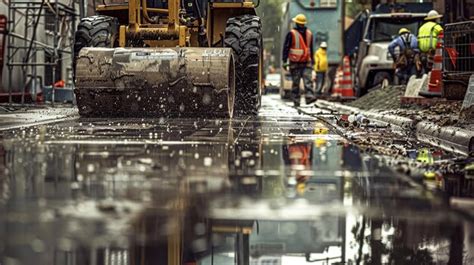 Efficient Compactor Roller Operation On A Rainy Day Premium Ai Generated Image