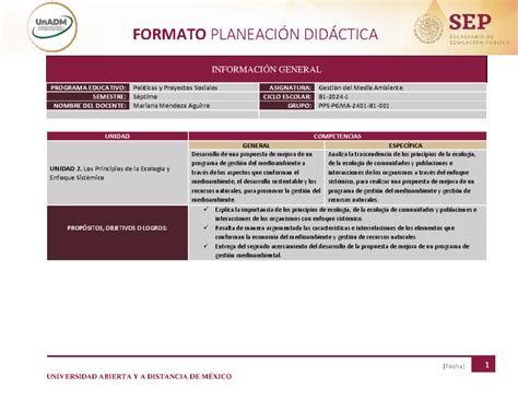 Pgma Planeación Segunda Unidad Fecha 1 InformaciÓn General Programa Educativo Políticas Y