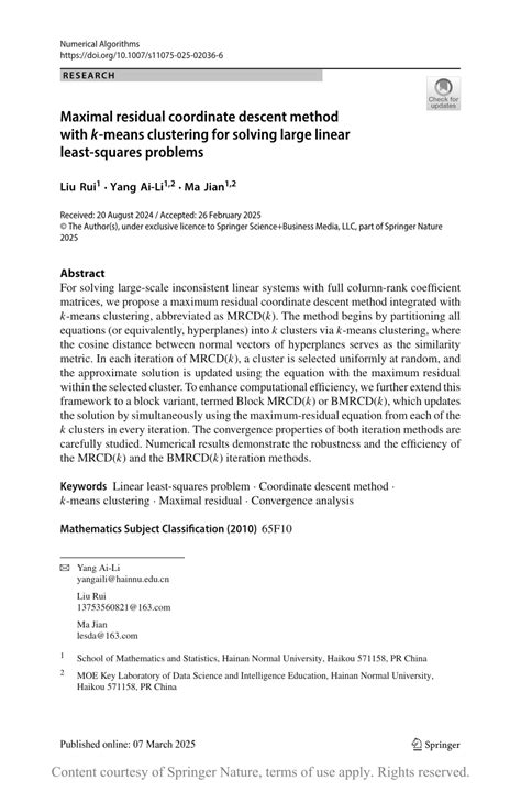 Maximal Residual Coordinate Descent Method With K Means Clustering For