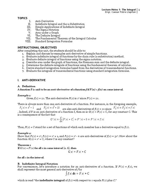 Lecture Notes 1 The Integral Calculus 2019 Pdf Summation Integral