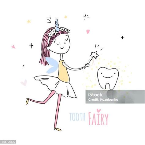 이빨 요정 미소 귀여운 작은 행복 요정 소녀 치아 손으로 그린된 벡터 만화 그림 낙서 낮에 대한 스톡 벡터 아트 및 기타 이미지