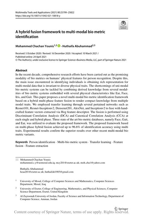 A Hybrid Fusion Framework To Multi Modal Bio Metric Identification Request Pdf