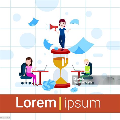 모래 시계 여자 잡아 확성기 문자 작업 함께 사무실 책상 서식 파일 디자인 작업 및 흰색 배경 전체 길이 복사본 공간에 애니메이션에 대 한 경영자에 대한 스톡 벡터 아트 및