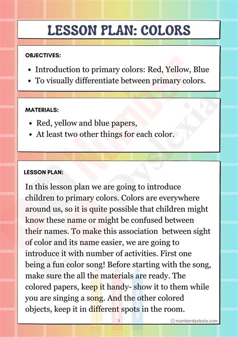 Printable Colors Lesson Plan Pdf Included Number Dyslexia