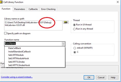 using the dll files of an application compiled with c with labview