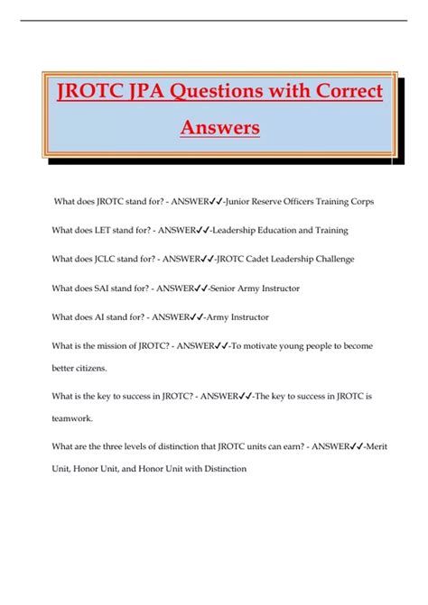 Jrotc Jpa Questions With Correct Answers Jrotc Stuvia Us