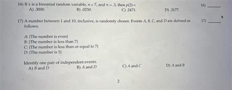 Solved 16 If X Is A Binomial Random Variable N7 And π3