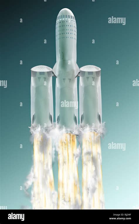 Rocket Space Ship With Two Stages And Fire Flying From Engines Stock Photo Alamy