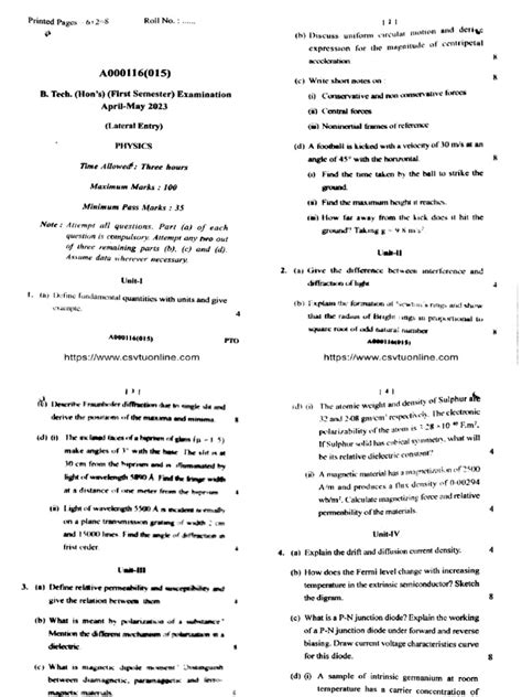 Btech 1 Sem Physics A000116 May 2023 Pdf