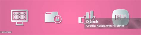 Set Paper Cut Binary Code Folder And Lock Pie Chart Infographic And Data Analysis Icon Paper Art