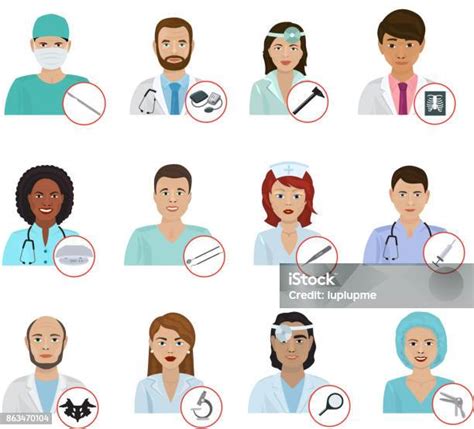 다른 의사 아바타 얼굴 초상화 병원 직원 문자 플랫 의학 전문 의사 사람 벡터 일러스트 레이 션 건강관리와 의술에 대한 스톡