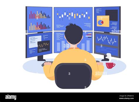 stock trader sitting at multiple computer screen stock vector image