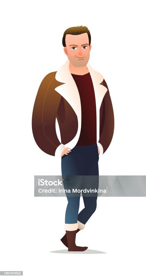 겨울 옷을 입은 남자 양가죽 코트와 따뜻한 모자 겨울에 남자 쾌활한 사람 스탠딩 포즈 만화 만화 스타일의 평면 디자인 단일 문자입니다 흰색 배경에 격리된 그림입니다 벡터