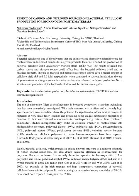 Pdf Effect Of Carbon And Nitrogen Sources On Bacterial Cellulose