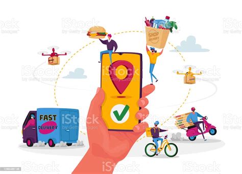 문자는 온라인 음식 배달 서비스를 사용합니다 주문 및 소비자에게 소포를 제공하기위한 스마트 폰 및 응용 프로그램과의 손 사람들에 대한 스톡 벡터 아트 및 기타 이미지