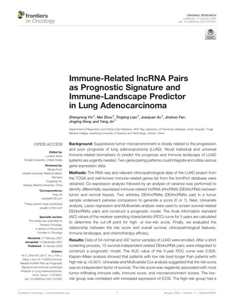 Pdf Immune Related Lncrna Pairs As Prognostic Signature And Immune Landscape Predictor In Lung