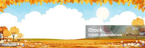 산 푸른 하늘 복사 공간이 있는 구름 다양한 단풍이 있는 파노라마 가을 시골 자연 추수감사절 또는 중순 가을 축제 배경을 위한 만화 벡터 일러스트레이션 배너가 있는 가을