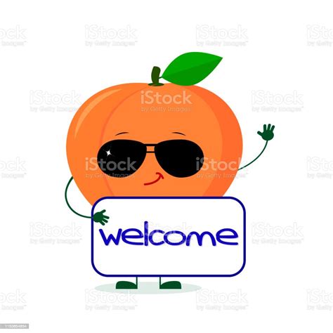 귀여운 복숭아 과일 캐릭터가 선글라스를 착용 하 고 간판을 환영 합니다 로고 템플릿 디자인입니다 벡터 일러스트 레이 션 플랫 스타일 나무에 대한 스톡 벡터 아트 및 기타