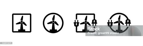 풍력 전기 아이콘 세트입니다 전원 관련 아이콘 녹색 에너지 벡터 아이콘을 설정합니다 재생 가능한 풍력 발전 단지 터빈 발전기 기호입니다 청정 에너지원 그림입니다 건축물에