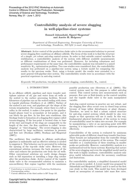Pdf Controllability Analysis Of Severe Slugging In Well Pipeline Riser Systems