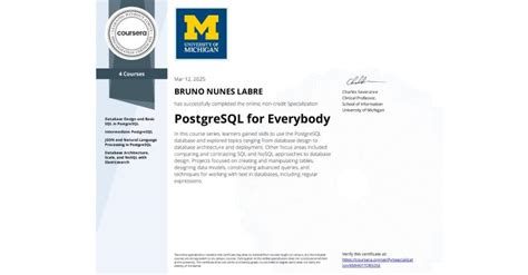 Completion Certificate For Postgresql For Everybody Bruno Labre