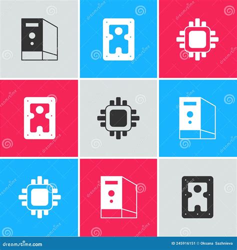 Set Case Of Computer Hard Disk Drive HDD And Processor With CPU Icon Vector Stock Illustration