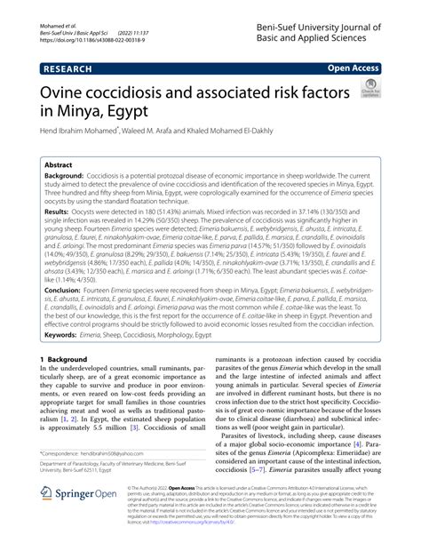 Pdf Ovine Coccidiosis And Associated Risk Factors In Minya Egypt