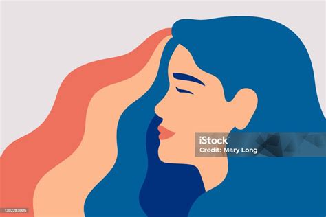 비행 무지개 색깔의 머리와 행복한 여자 미소 짓는 소녀는 주변에 좋은 분위기를 조성합니다 미소 짓는 여성 캐릭터는 그녀의 자유와