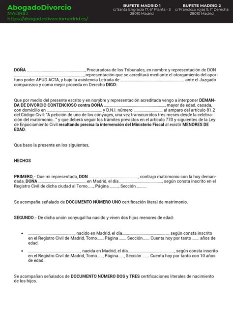 Modelo De Demanda De Divorcio Contencioso Pdf