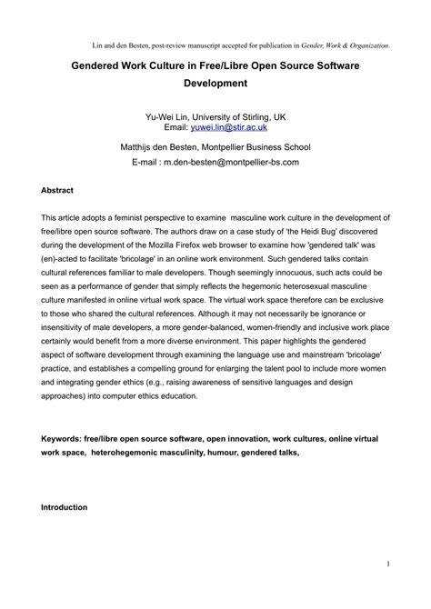 Pdf Gendered Work Culture In Freelibre Open Source Software Development