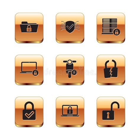 Set Folder And Lock Lock Check Mark Laptop Electric Scooter And Server Security With Icon