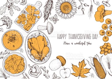 추수 감사절 음식 배너 디자인 추수 감사절 그림 음식 손으로 그린 스케치 칠면조와 축제 저녁 식사 가을 음식 스케치 새겨진 이미지입니다 벡터 추수 감사절 배경 추수감사절에