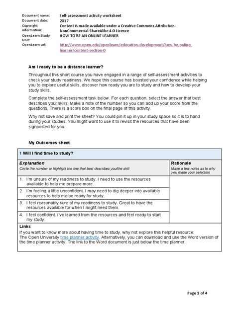 Self Assessment Activity Worksheet Edited Download Free Pdf