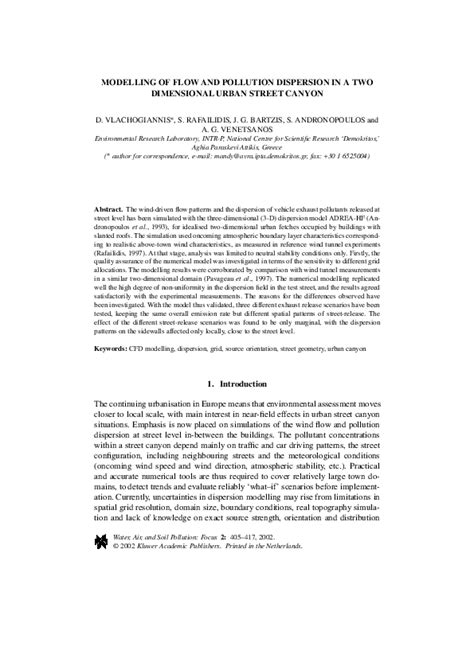 Pdf Modelling Of Flow And Pollution Dispersion In A Two Dimensional Urban Street Canyon