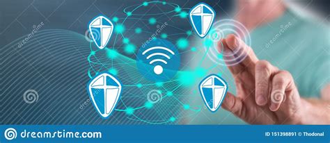 Man Touching A Wifi Security Concept Stock Image Image Of Security Person 151398891
